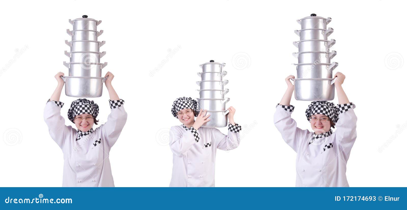 Cook with Stack of Pots on White Stock Image - Image of cook ...
