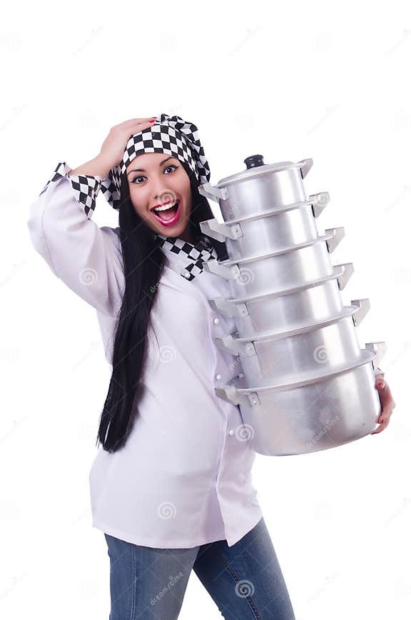Cook with stack of pots stock image. Image of food, cheerful - 33348549