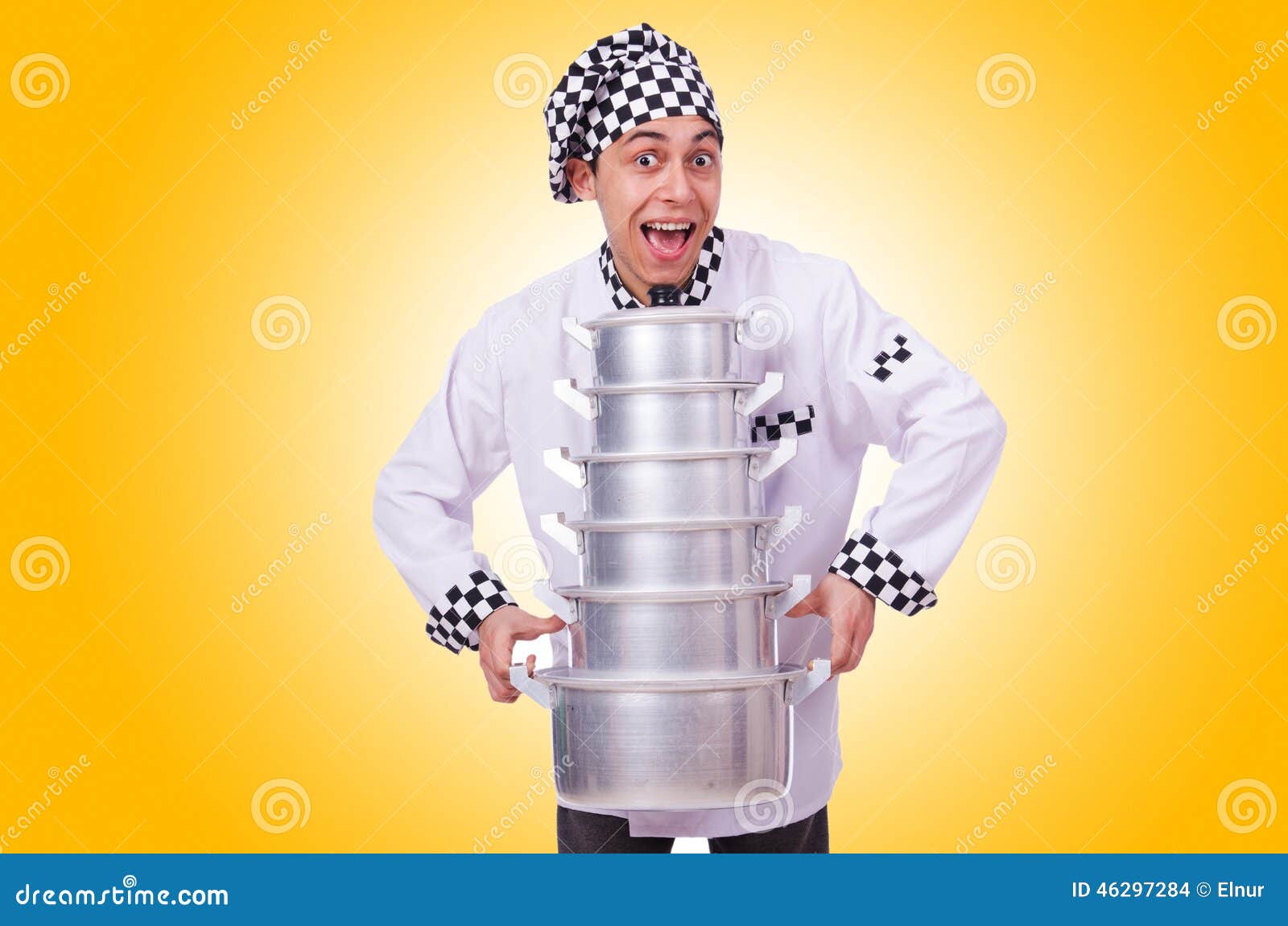 Cook with stack of pots stock photo. Image of domestic - 46297284