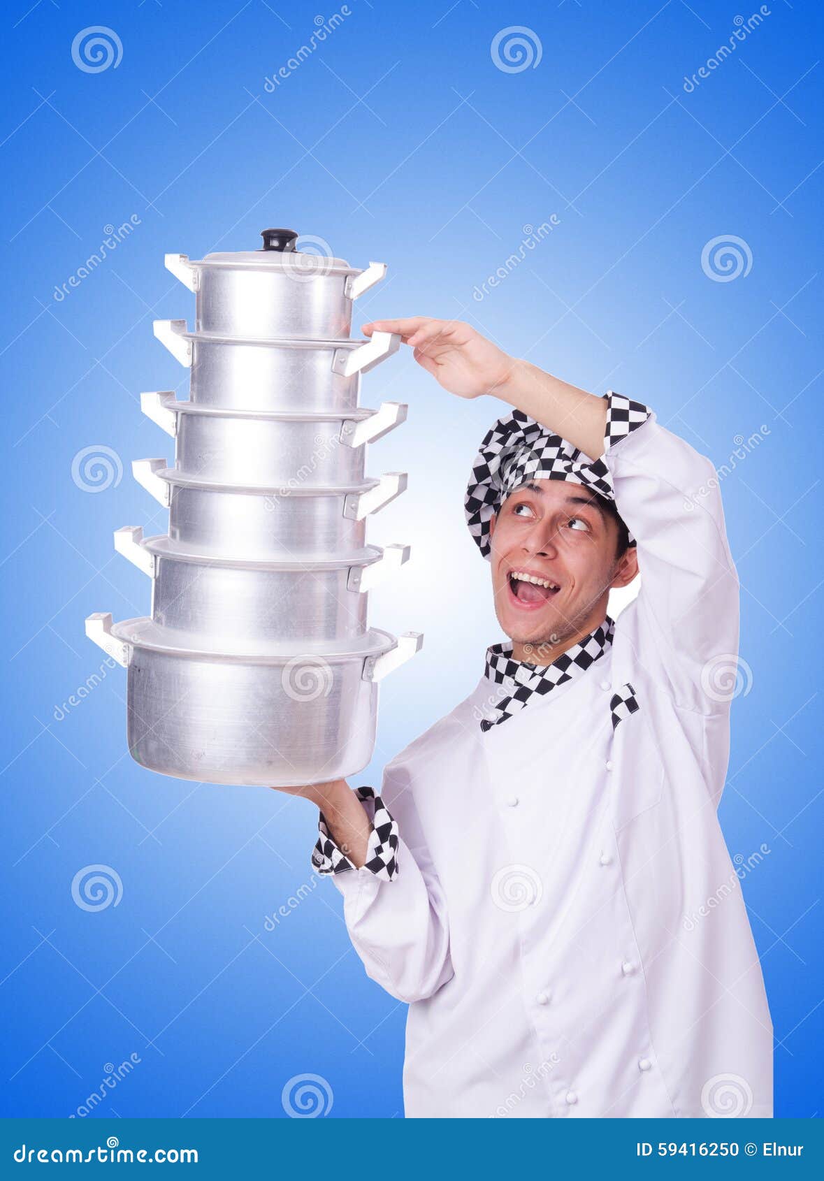 Cook with Stack of Pots on White Stock Photo - Image of ladle, kitchen ...