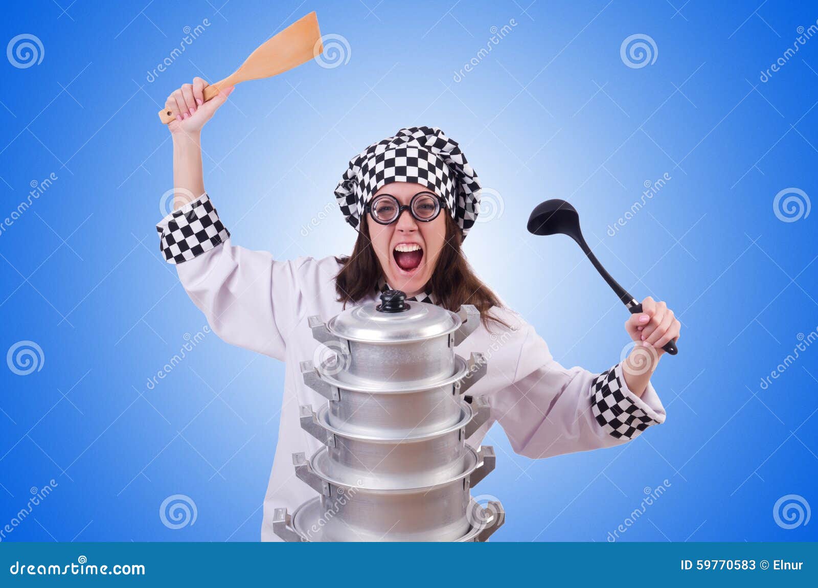 Cook with Stack of Pots on White Stock Image - Image of funny, casual ...