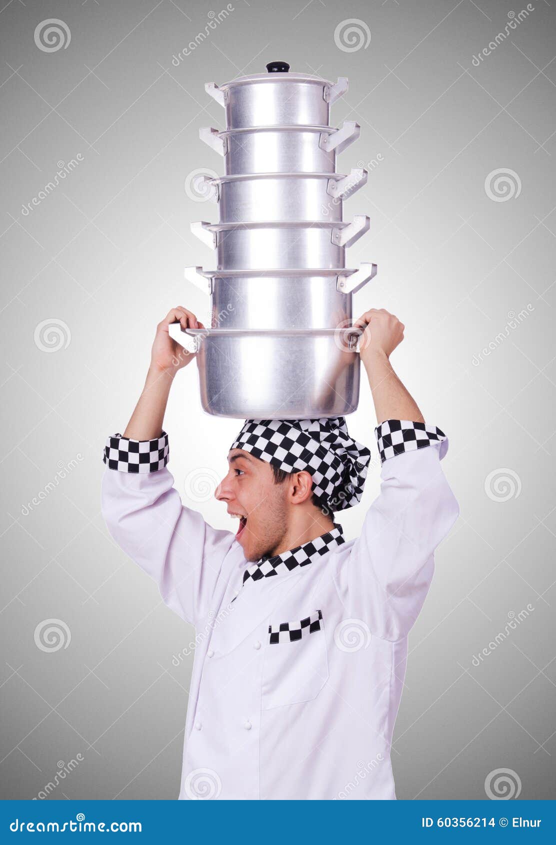 Cook with Stack of Pots on White Stock Photo - Image of casual ...