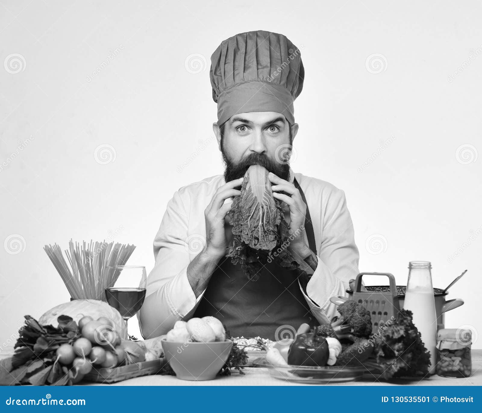 Cook with Surprised Face in Uniform Sits by Kitchen Table Stock Image ...