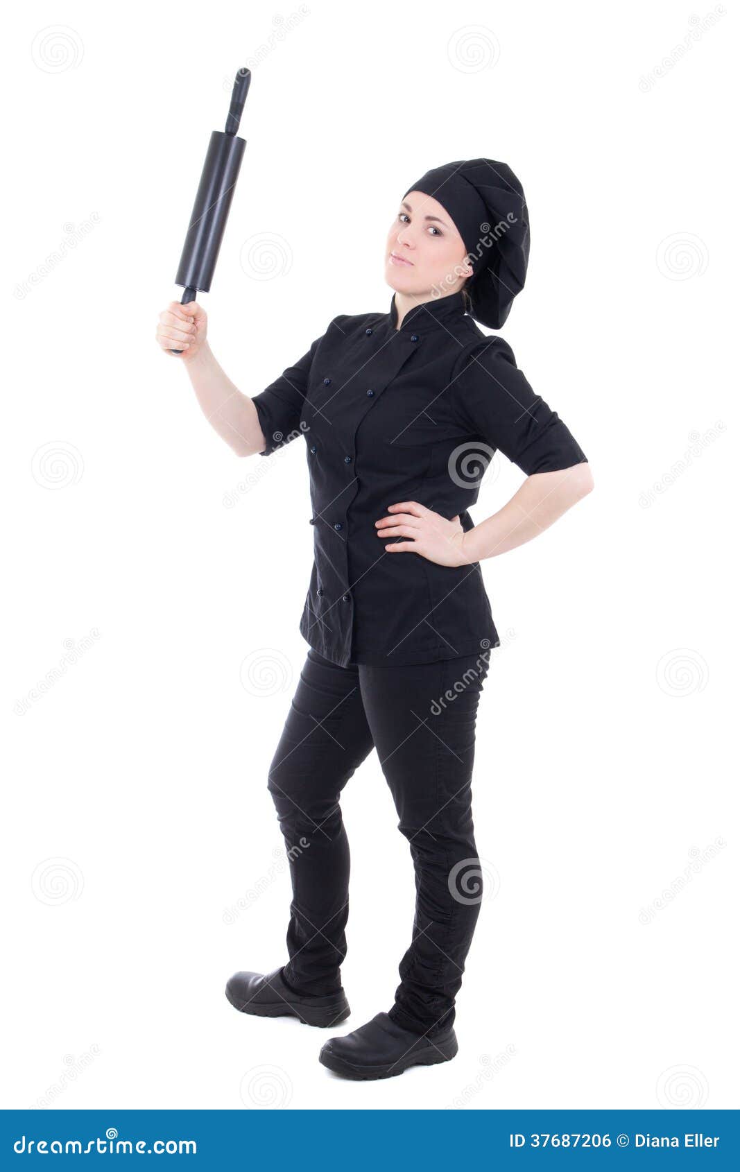 Cook Woman in Black Uniform Holding Baking Rolling Pin Isolated Stock ...