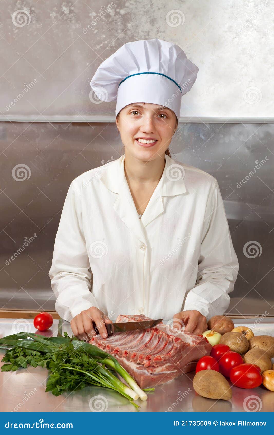 Cook woman cooking meat stock image. Image of knife, female - 21735009