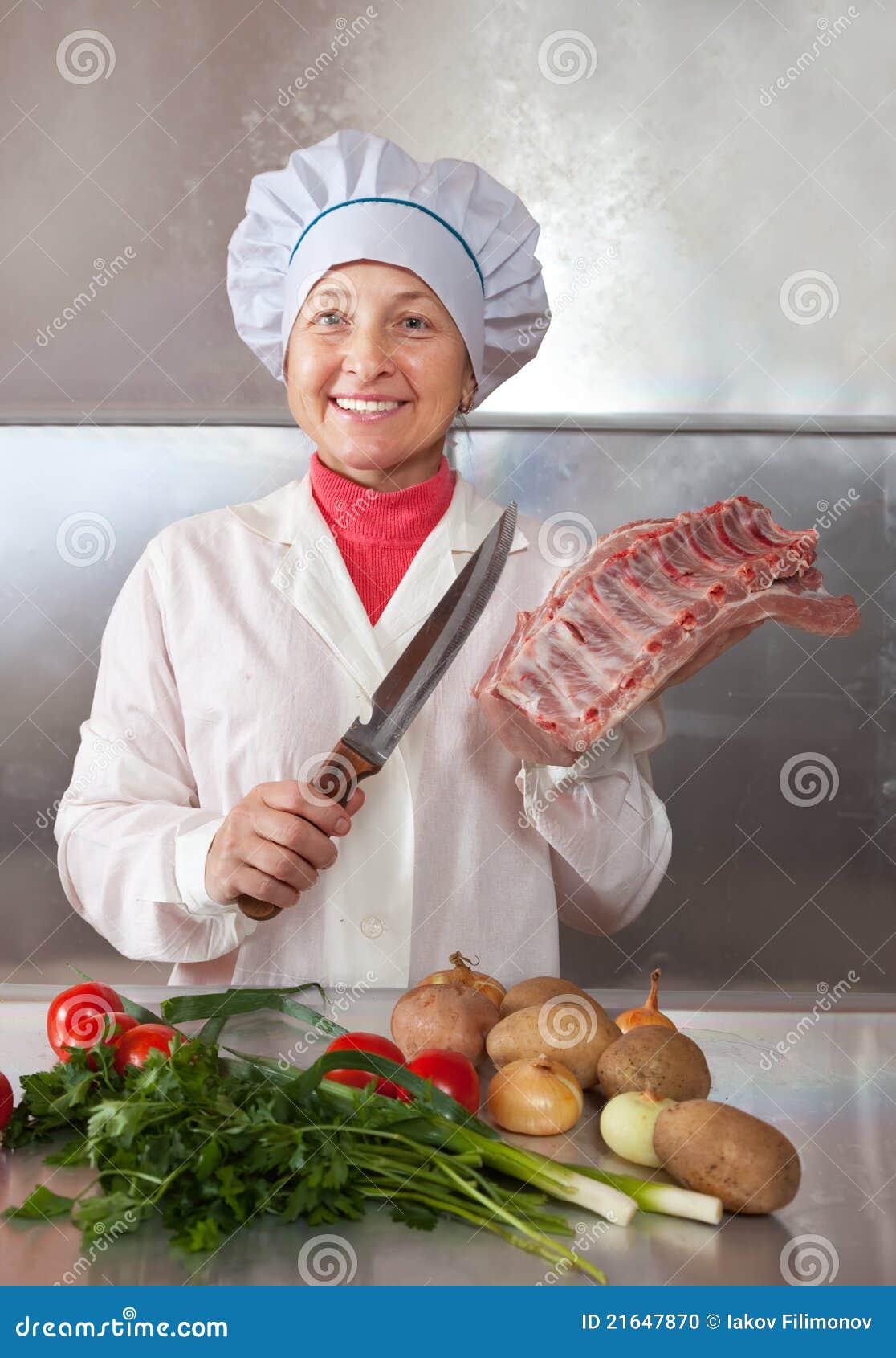 Cook woman with raw meat stock photo. Image of mature - 21647870