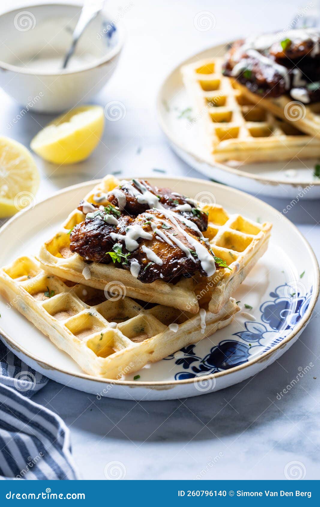 Cooked chicken on waffles stock photo. Image of table - 260796140