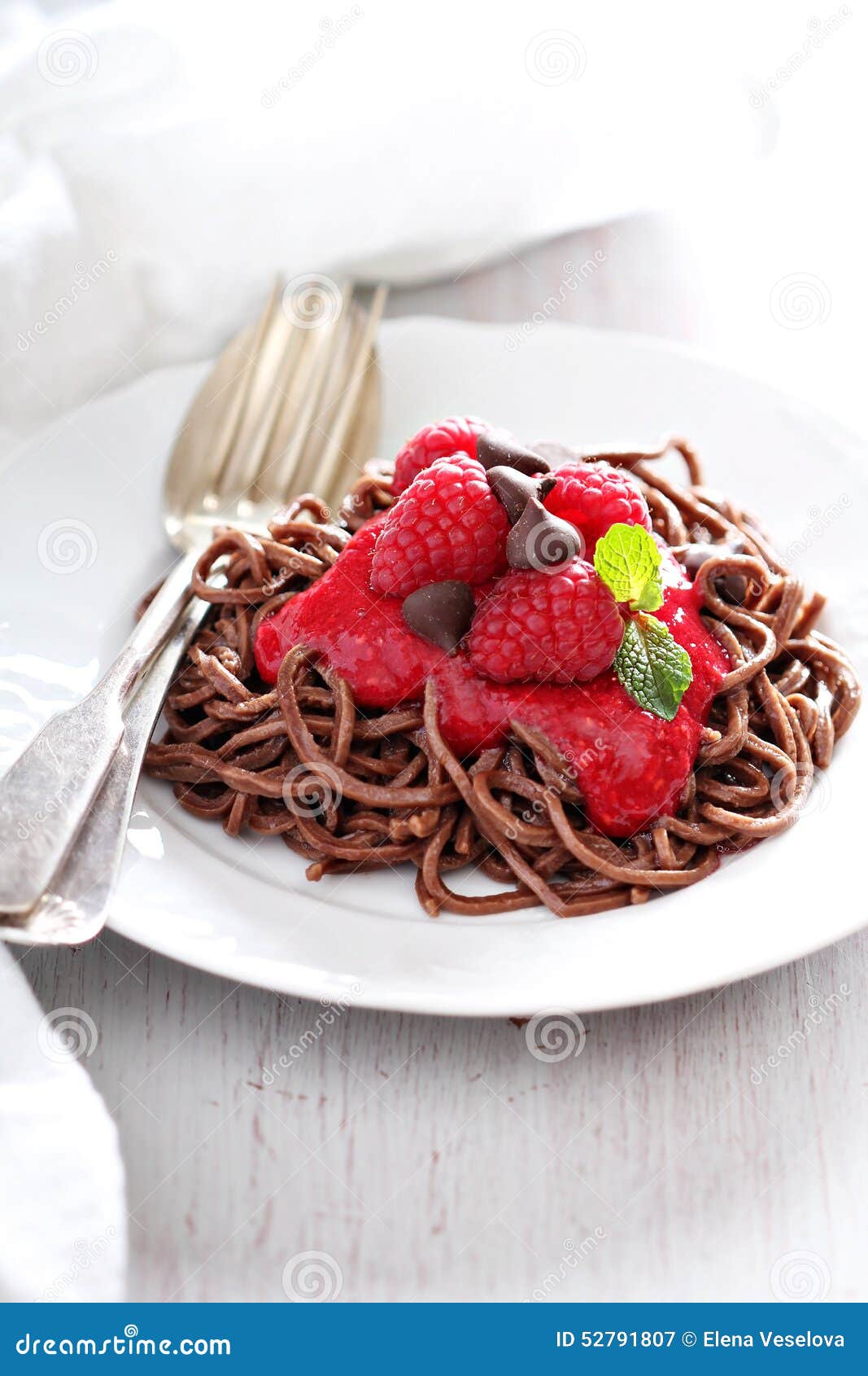 Cooked Chocolate Pasta with Raspberry Sauce Stock Image - Image of ...