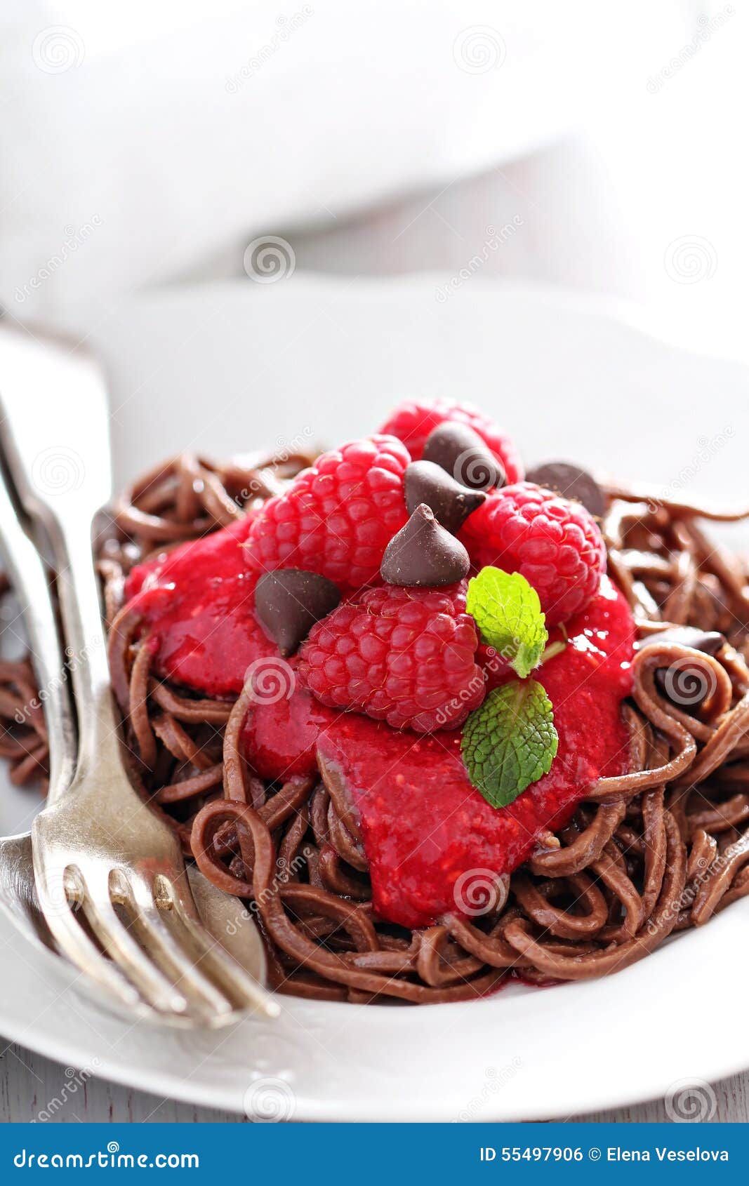 Cooked Chocolate Pasta with Raspberry Sauce Stock Photo - Image of ...