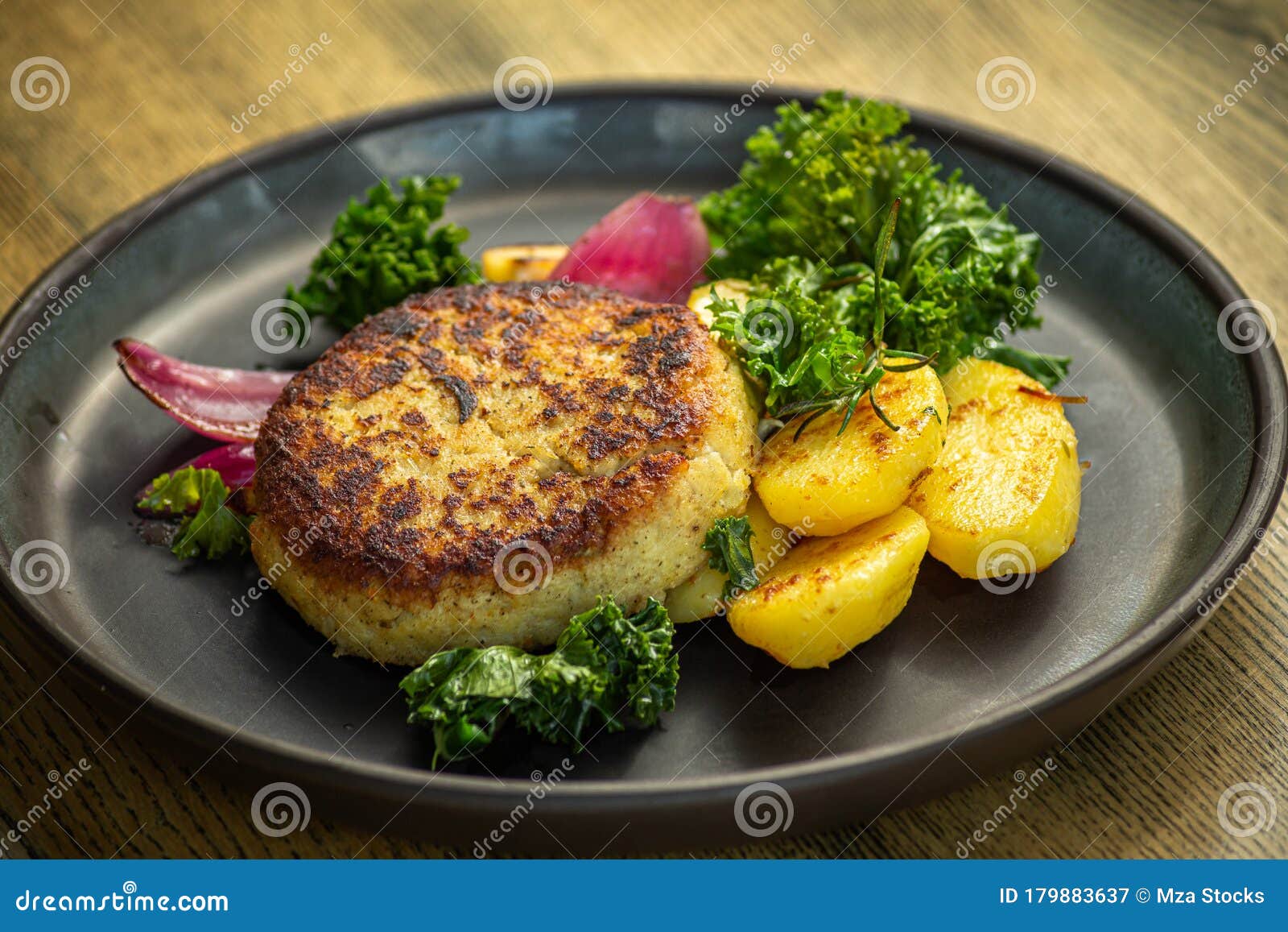 Cooked Cod Fish Cutlet with Potatoes, Lettuce Stock Image - Image of ...