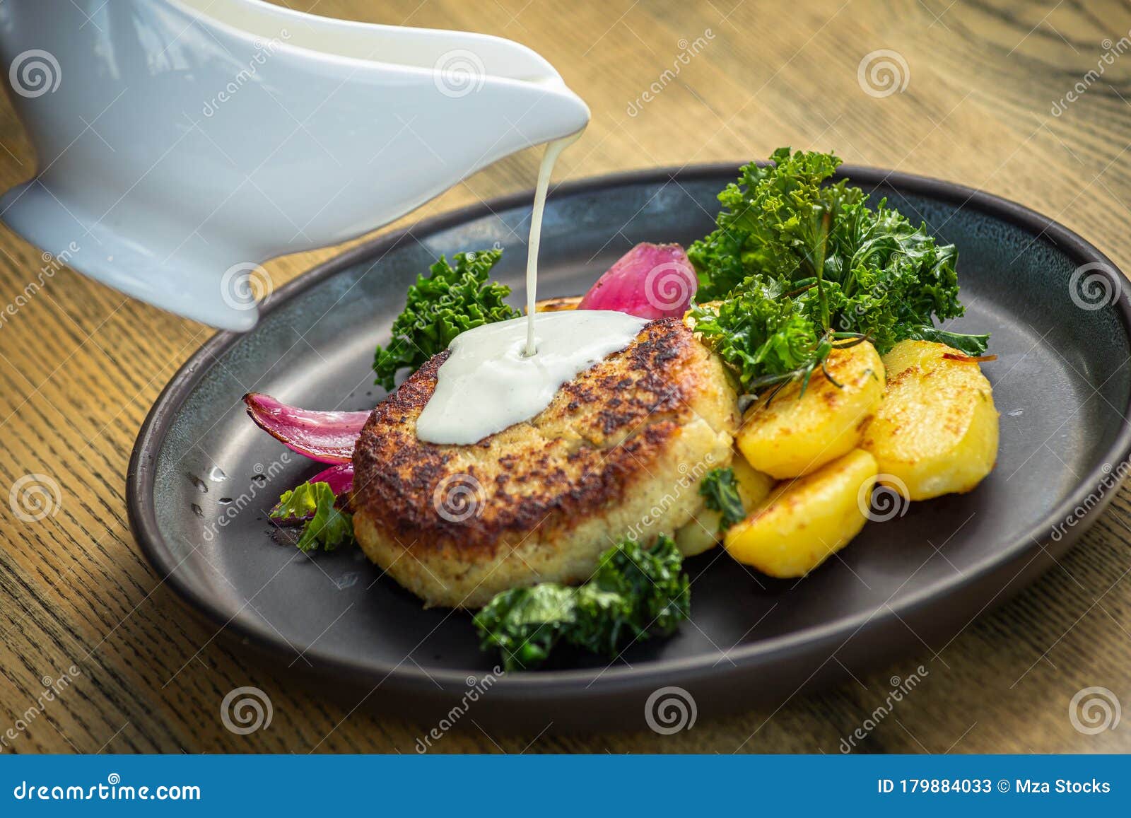Cooked Cod Fish Cutlet with Potatoes, Lettuce Stock Image - Image of ...