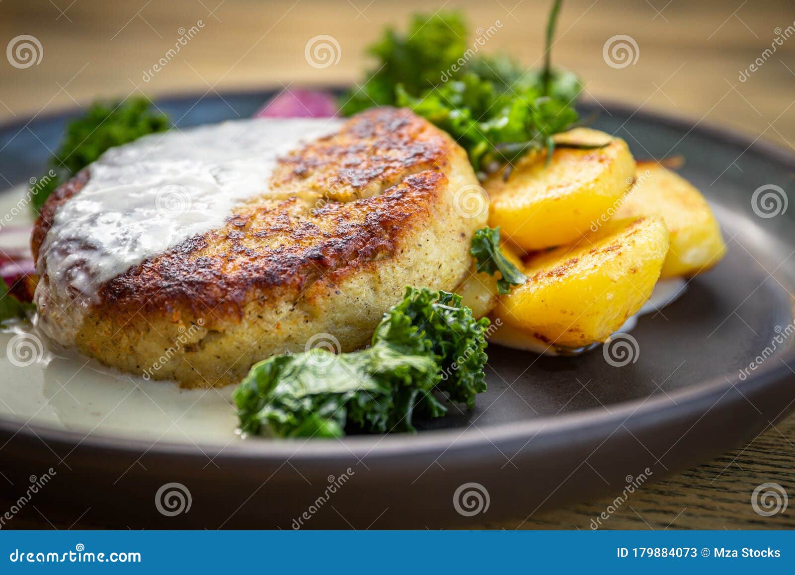 Cooked Cod Fish Cutlet with Potatoes, Lettuce Stock Image - Image of ...