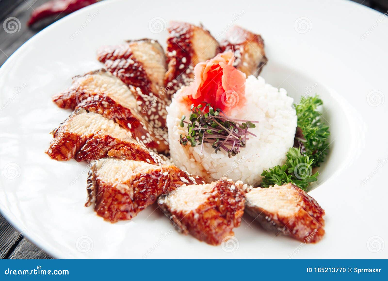 Cooked Eel Fish with Rice Greens Marinated Ginger Stock Photo - Image ...