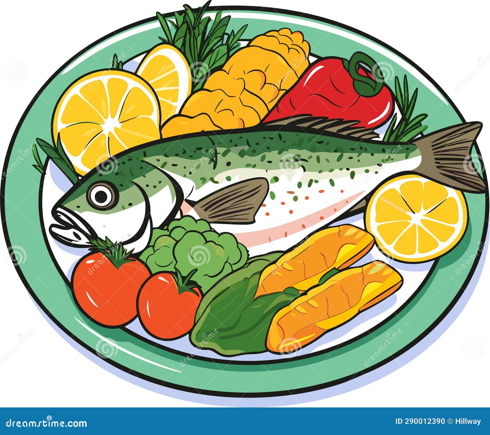 Cooked Fish with Lemon and and Vegetables on a Plate Vector Stock ...