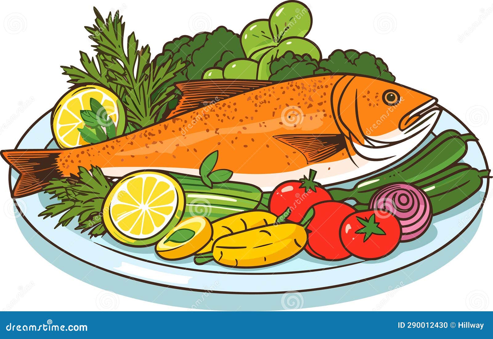 Cooked Fish with Lemon and and Vegetables on a Plate Vector Stock ...