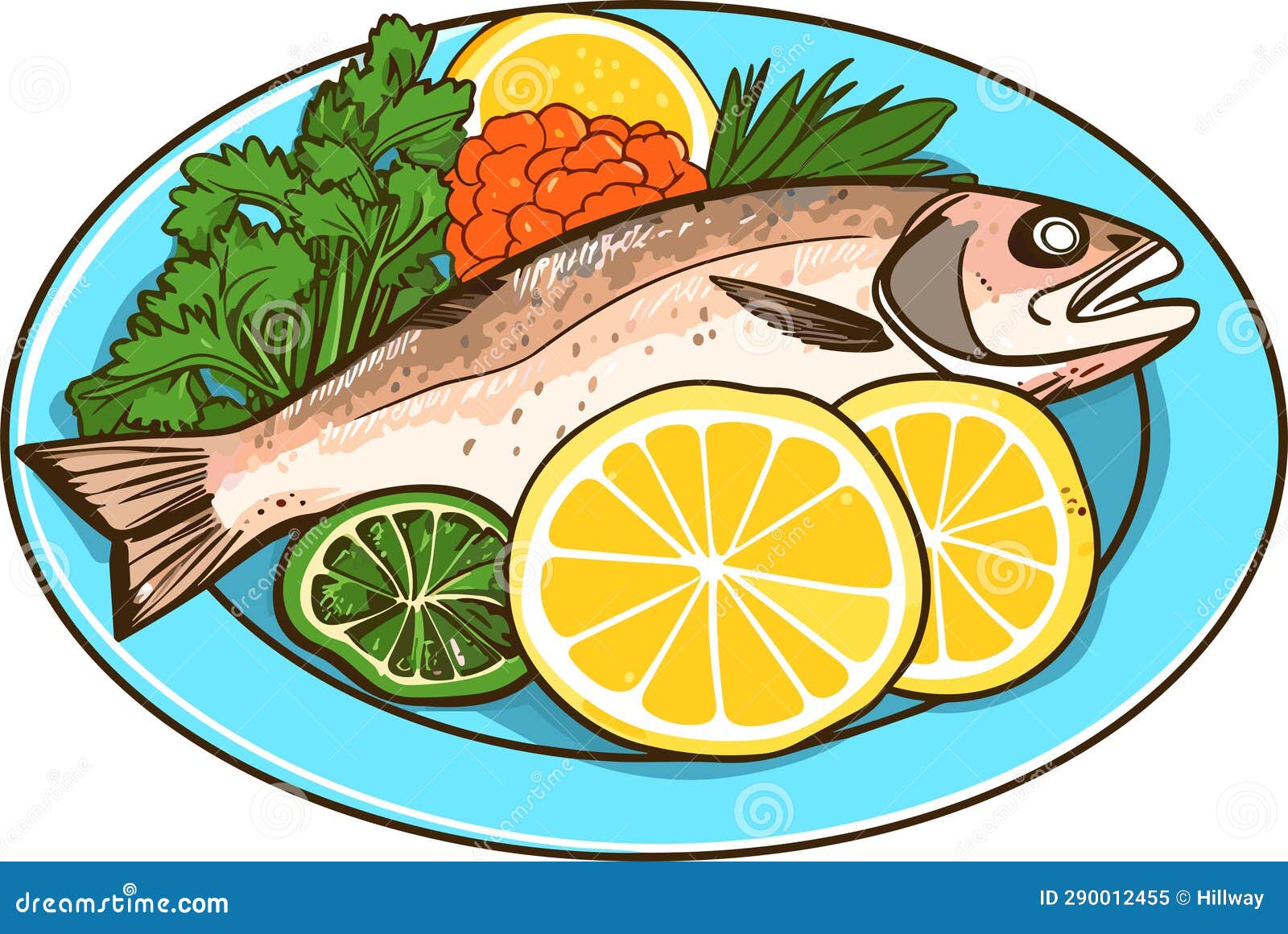 Cooked Fish with Lemon and and Vegetables on a Plate Vector Stock ...