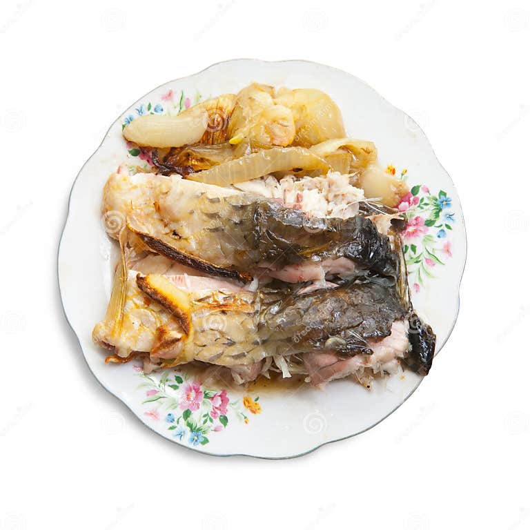 Cooked Fish on the Plate Over White Stock Photo - Image of closeup ...