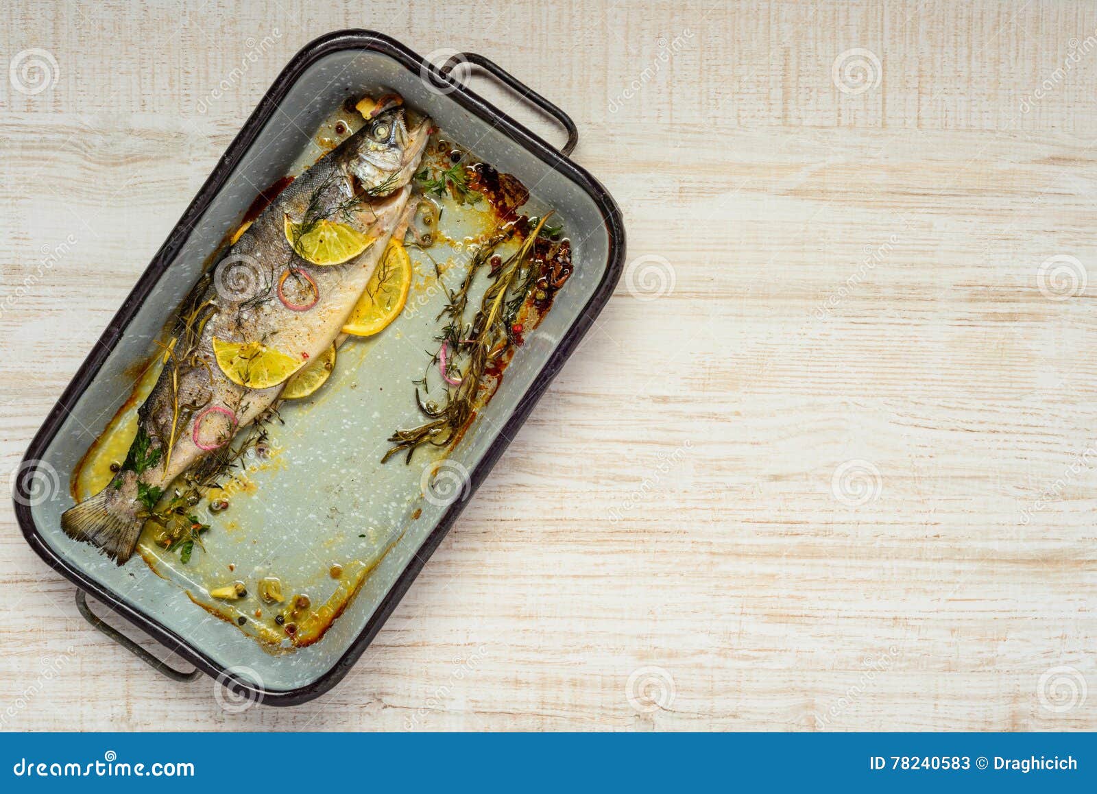 Cooked Fish in Square Pan with Copy Space Stock Image - Image of space ...