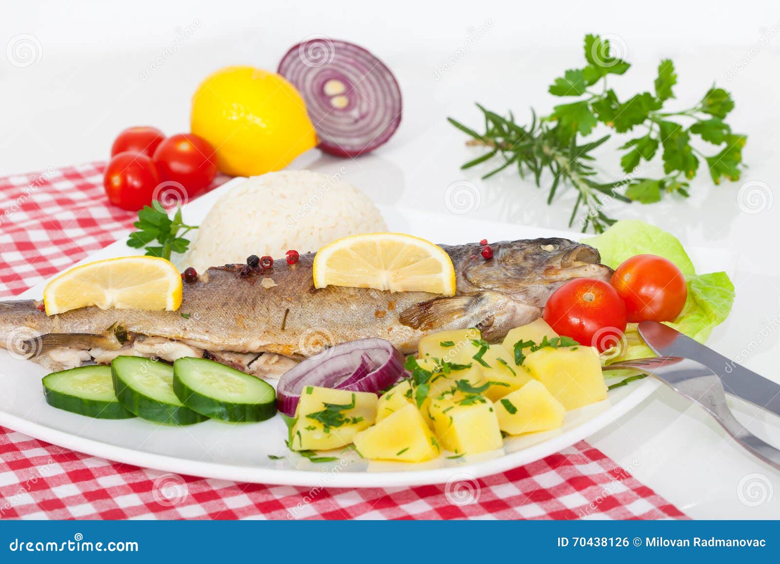 Cooked Fish with Vegetables, Herbs and Lemon Stock Photo - Image of ...