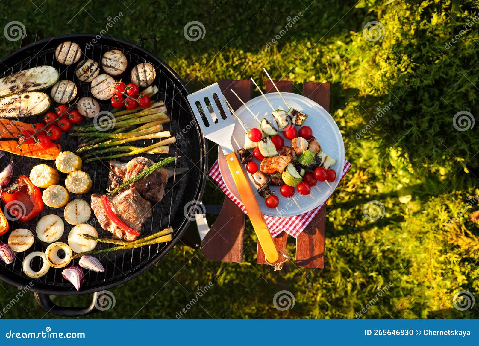 Cooked Food Products and Grill Barbecue Outdoors, Top View Stock Photo ...