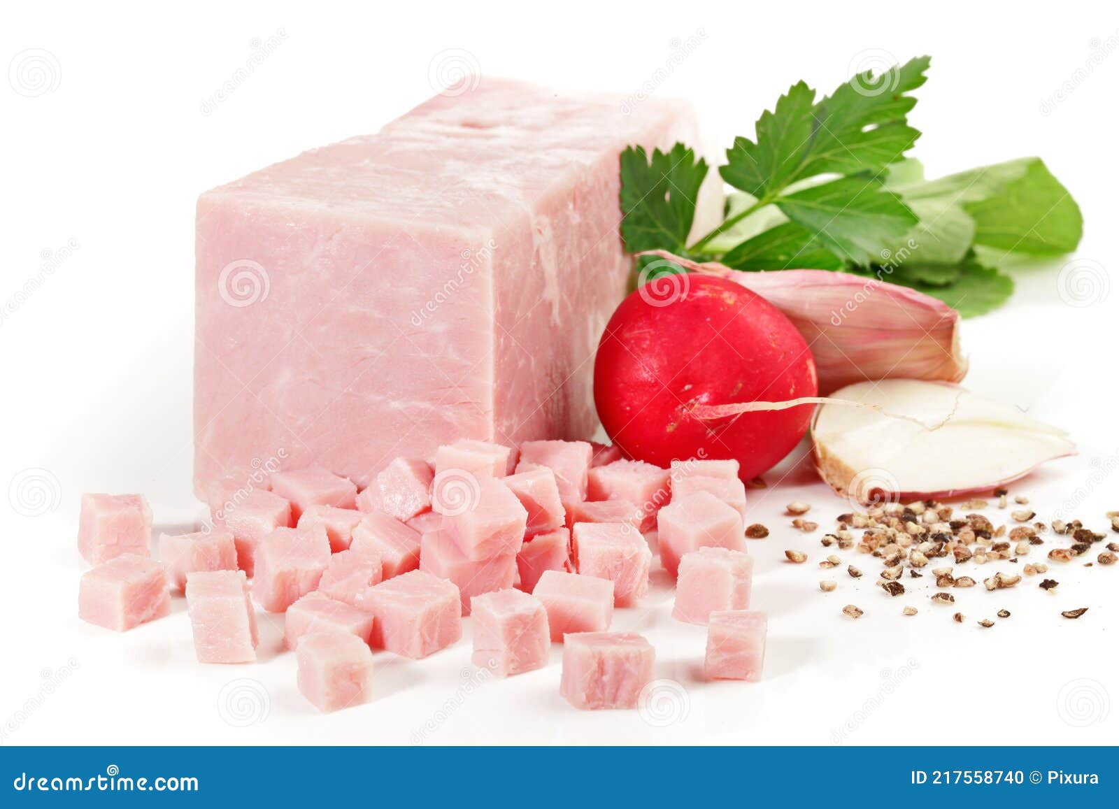Cooked Ham Cubes with Radish, Isolated on White Background. Stock Photo ...