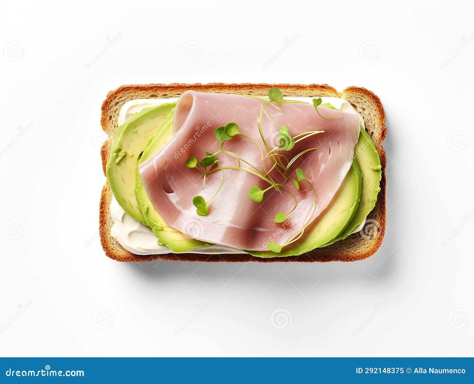 Cooked Ham on a Rectangular Piece of Bread Spread with Avocado Purée ...