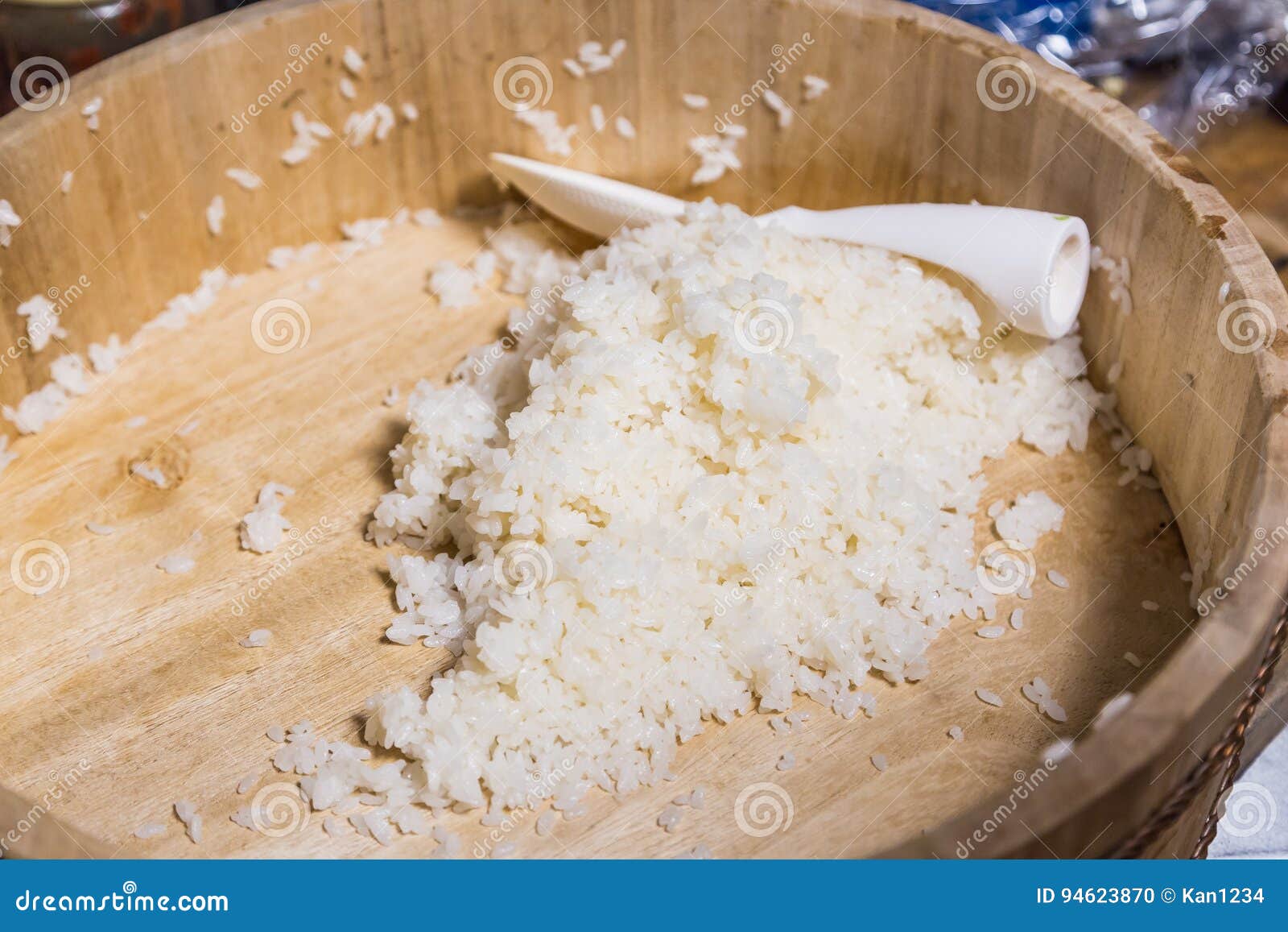 Cooked Japanese Rice in Wooden Bowl Stock Photo - Image of white ...
