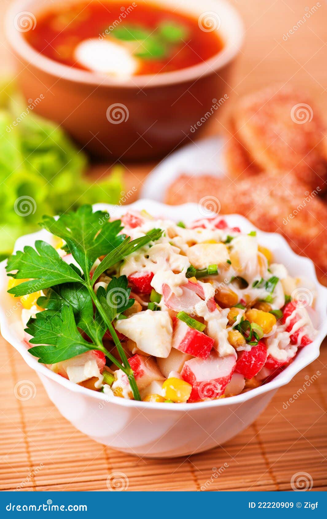 Cooked lunch: salad, soup stock image. Image of eatable - 22220909
