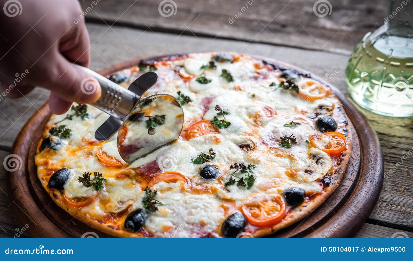 Cooked Pizza on the Wooden Board Stock Image - Image of homemade, green ...