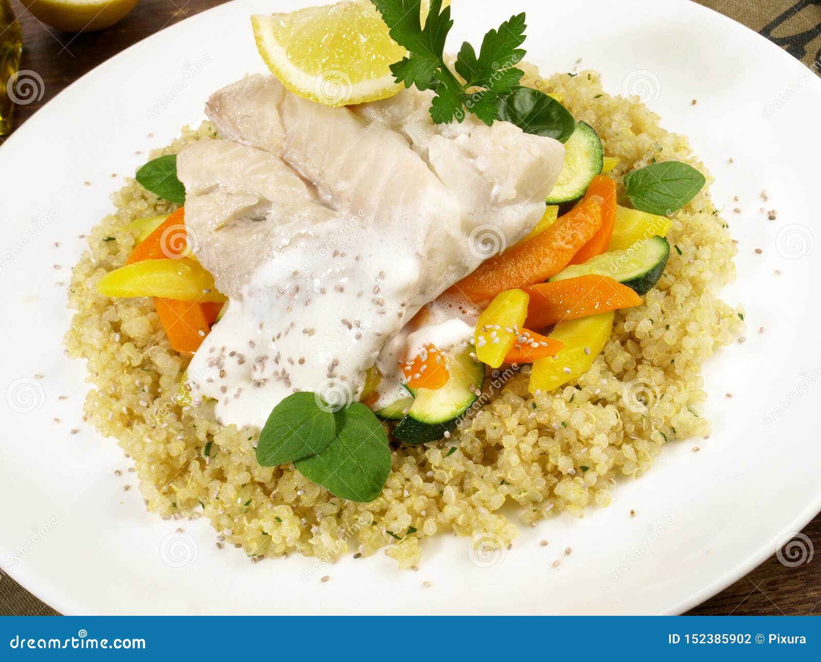 Cooked Pollack Fish with Quinoa Stock Photo - Image of diet, background ...