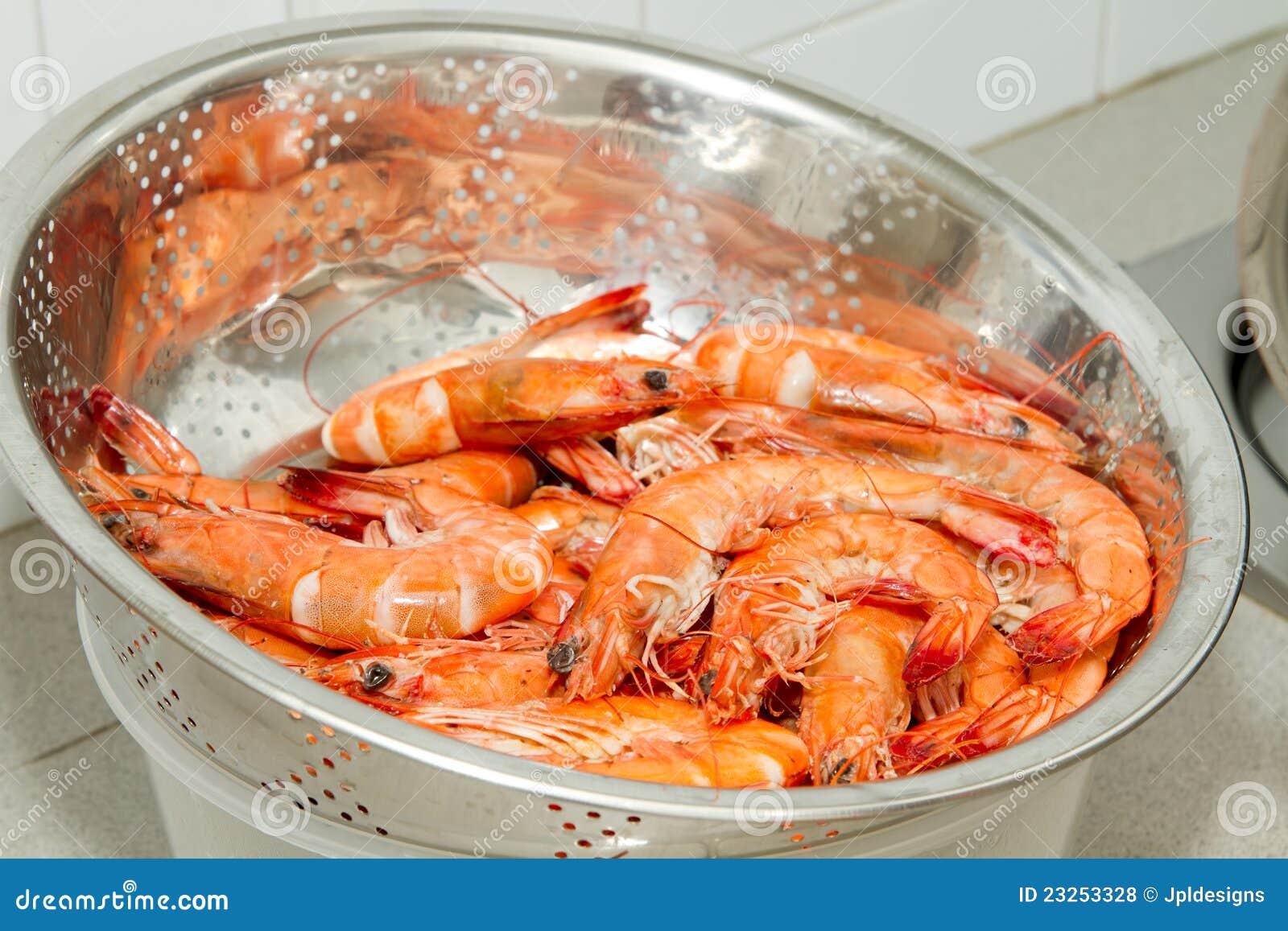 Cooked Prawns with Shell in Strainer Stock Photo - Image of closeup ...