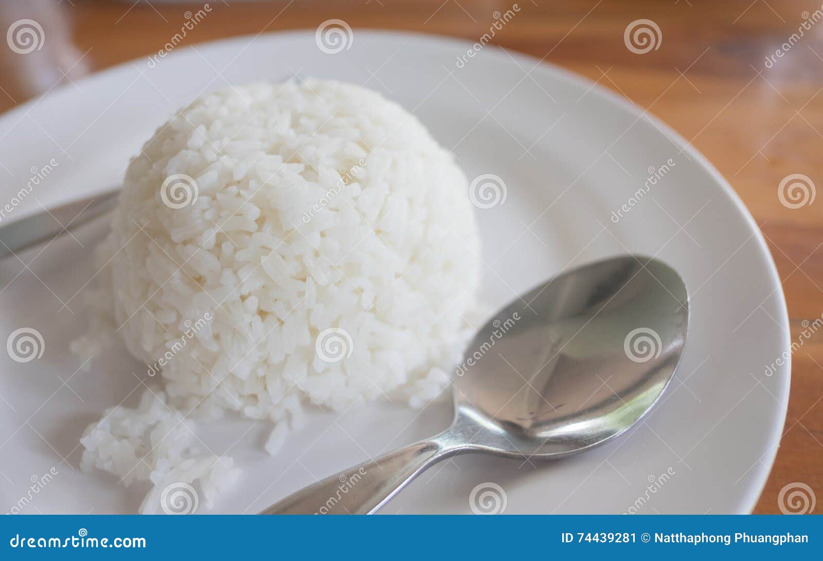Cooked Rice Fork and Spoon in White Dish Stock Image - Image of ...
