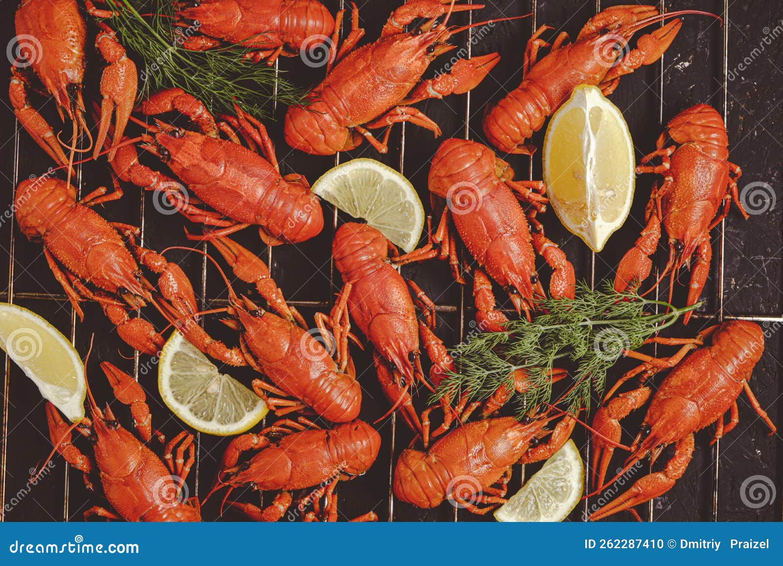 Cooked River Crayfish with Lemon and Herbs are Laid Out Grill. Stock ...