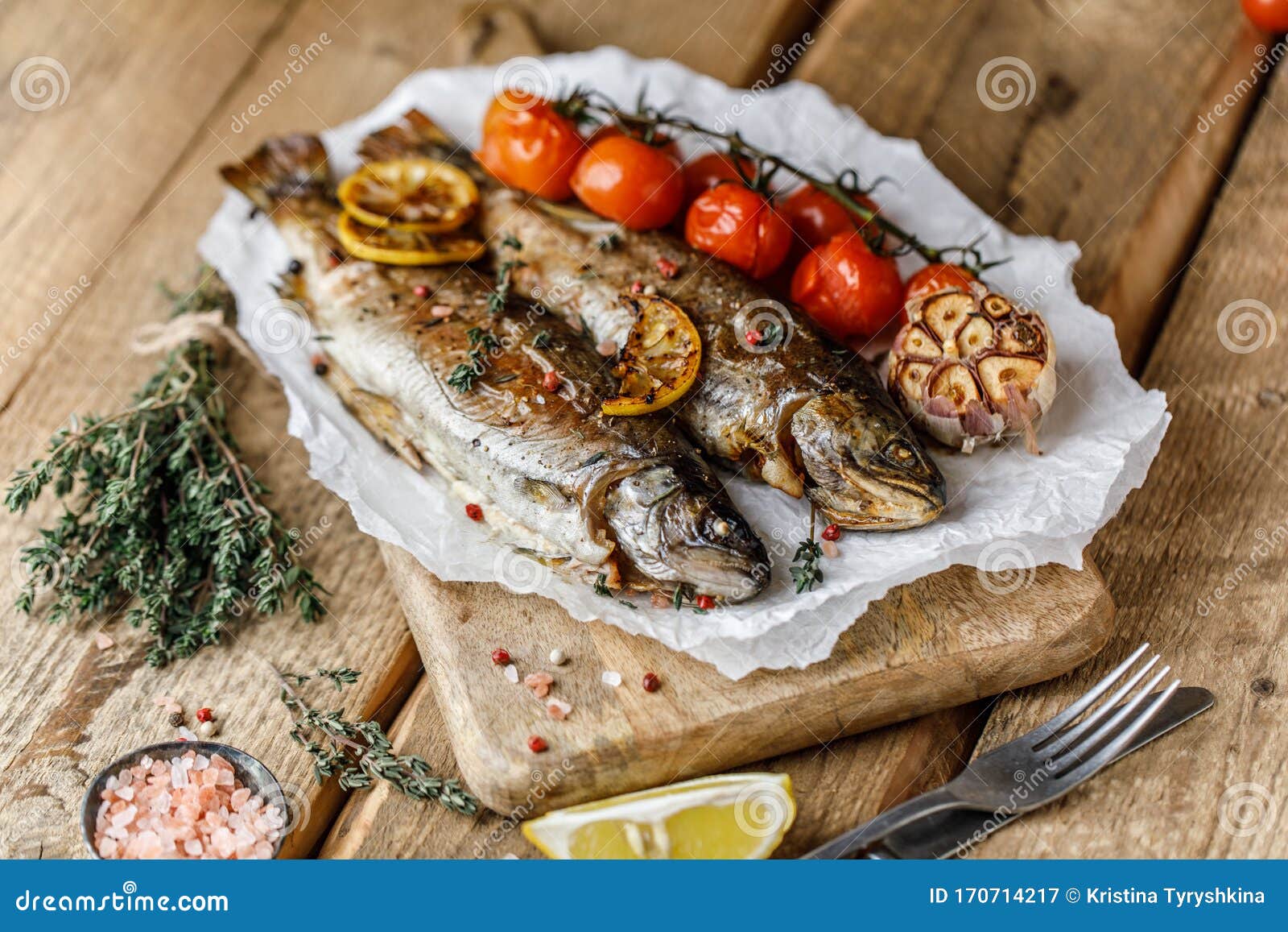 Cooked River Trout with Spices and Ingredient for Cooking on Rustic ...