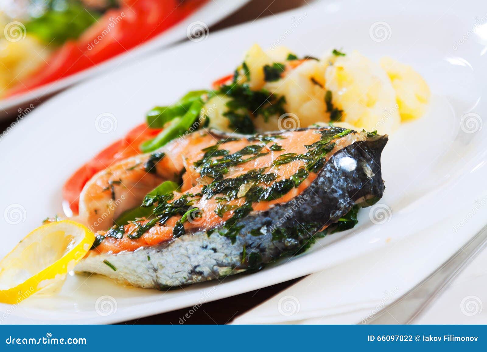 Cooked Salmon Fish on the Plate Stock Photo - Image of cafe, food: 66097022