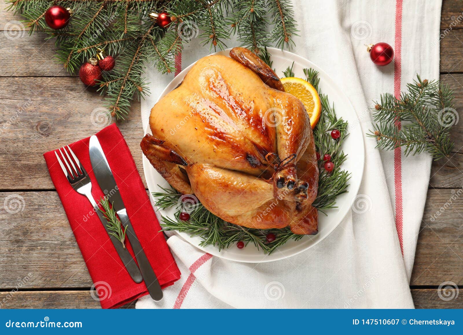 Cooked Turkey with Garnish Served for Christmas Dinner on Table Stock ...