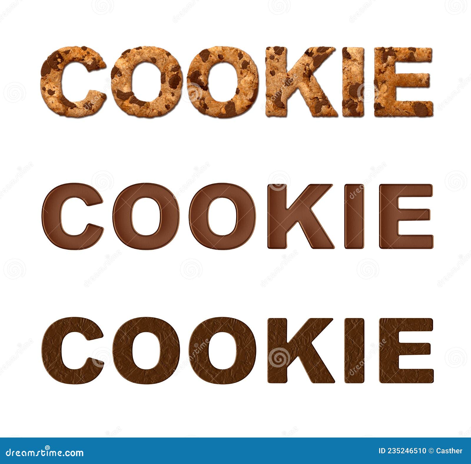 Cookie Text with Chocolate and Biscuit Texture on White Stock ...