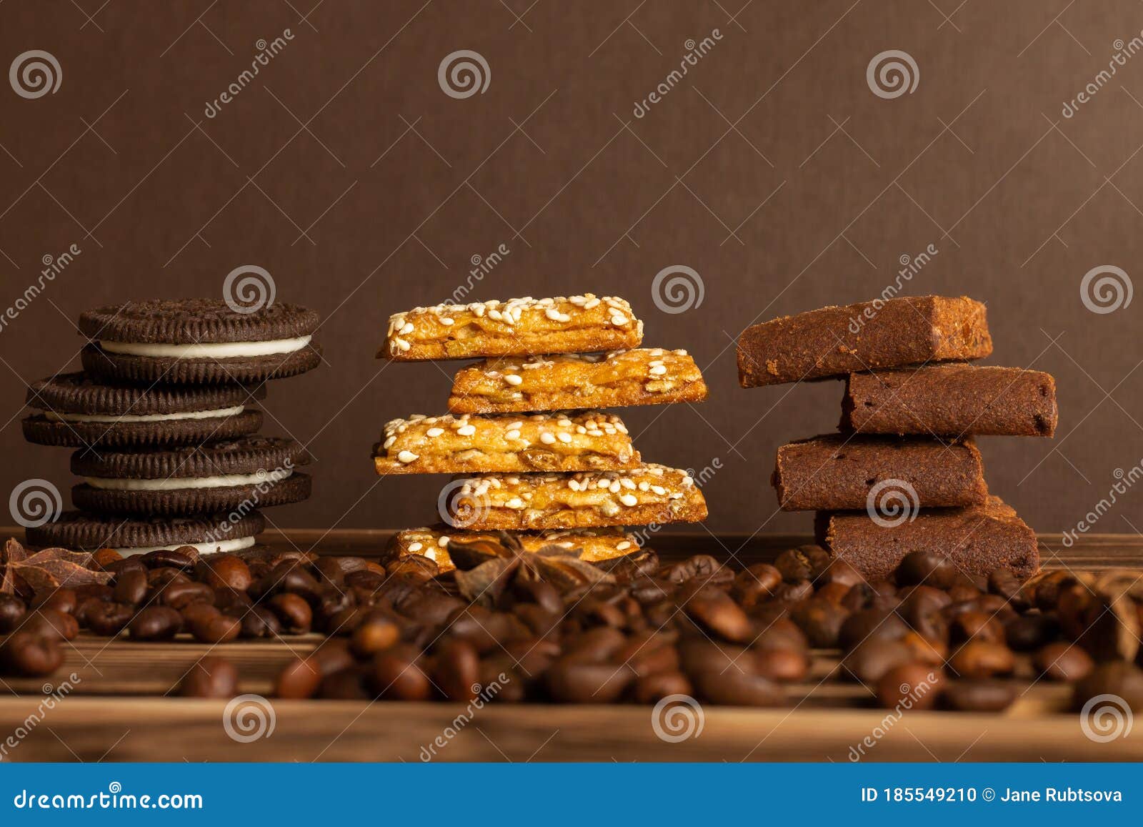 Cookies on a Brown Background of a Burnt Tree with Coffee Grains ...