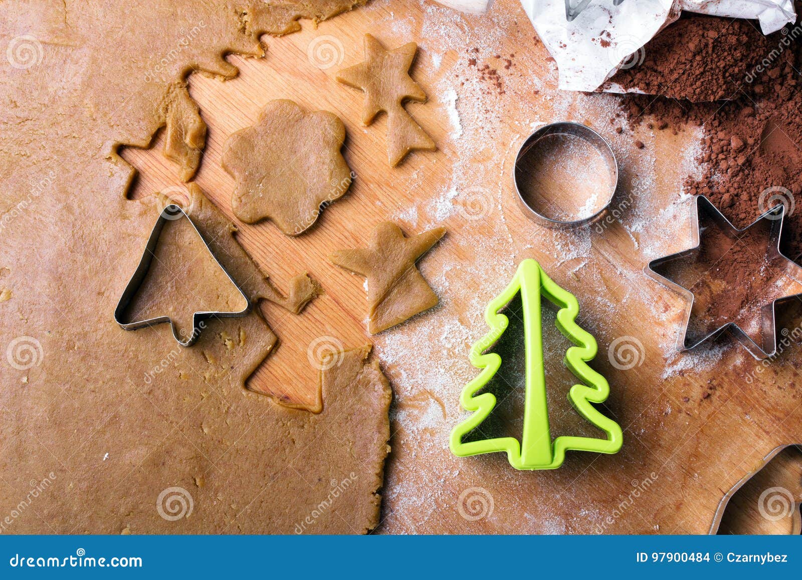 Cookies Forms and Gingerbread Dough on Wooden Pastry Board Stock Photo ...