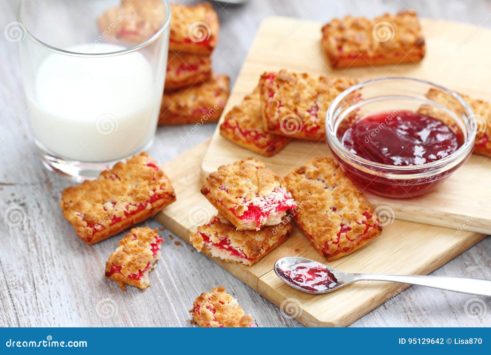 Cookies with jam and milk stock photo. Image of color - 95129642
