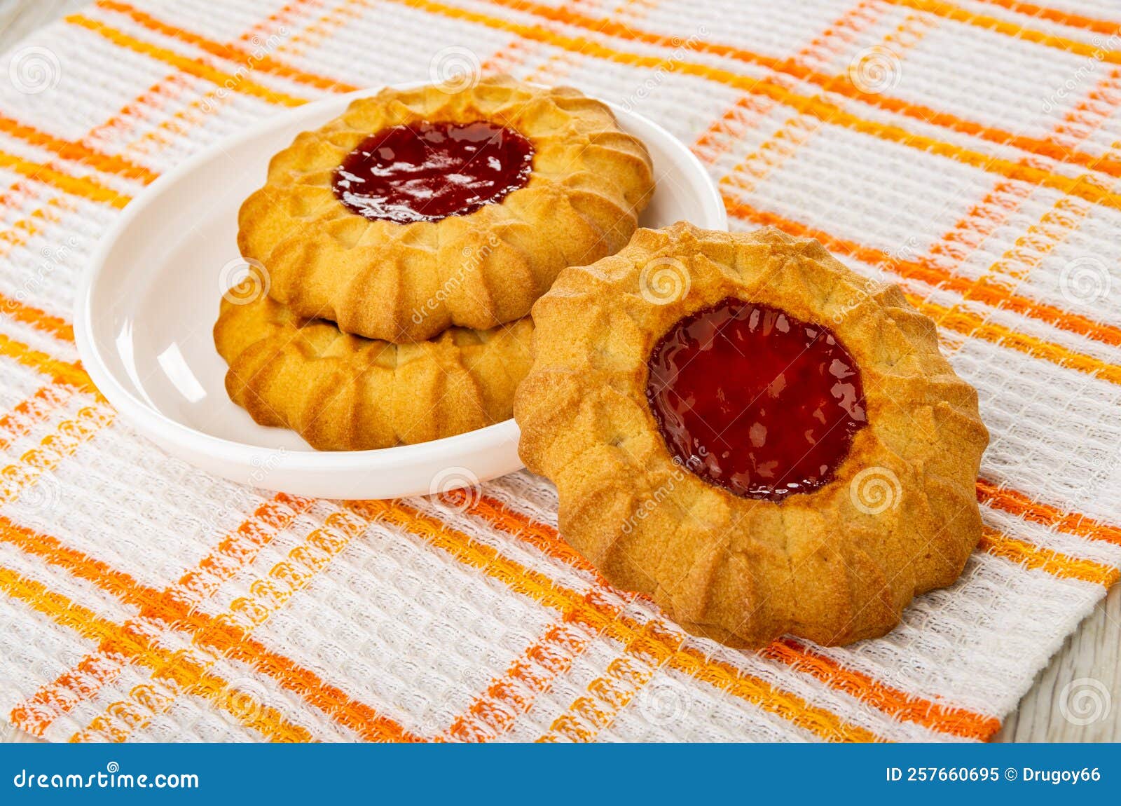 Cookies with Jam in Saucer, Cookie on Napkin Stock Image - Image of ...