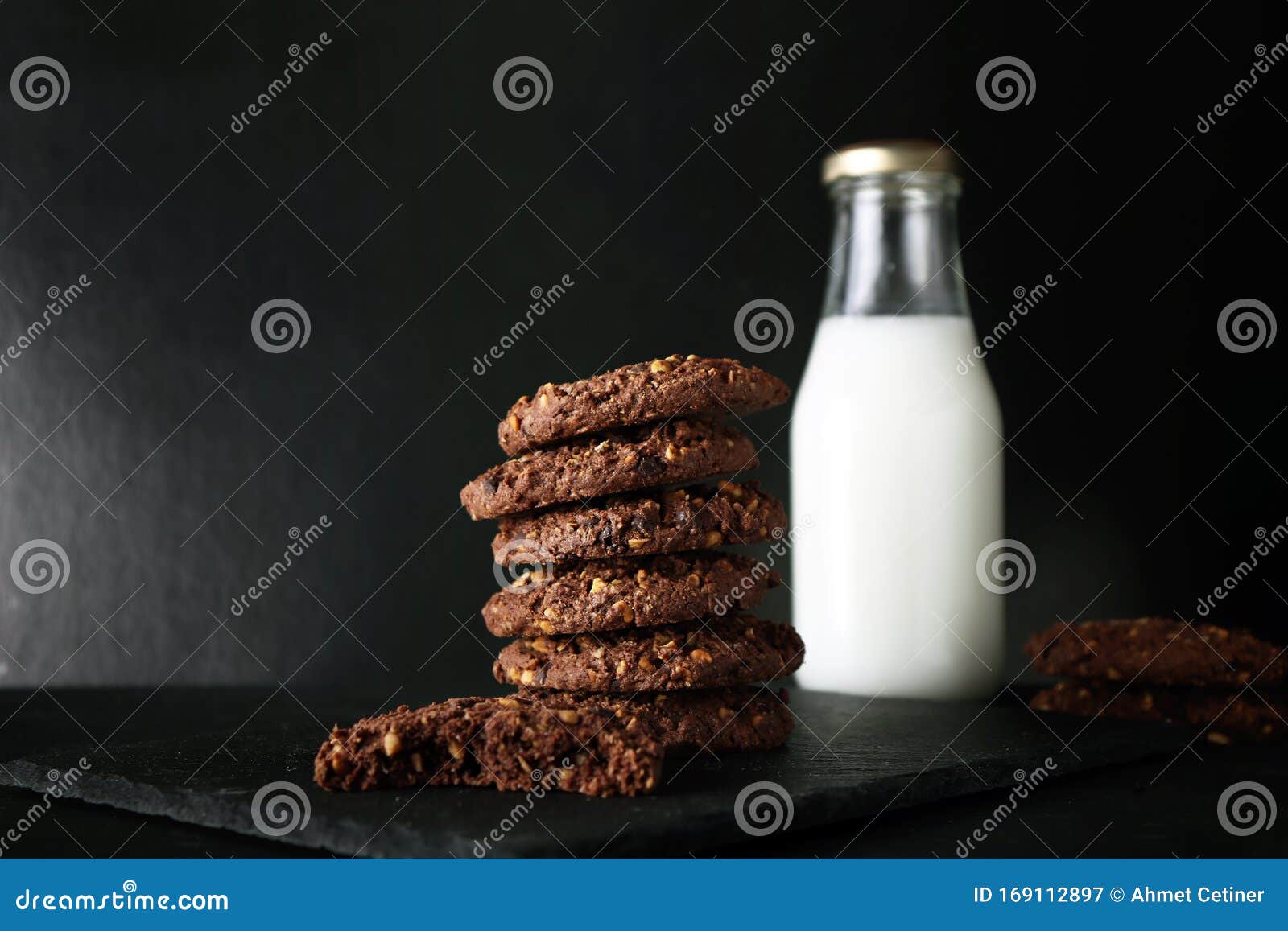 Cookies and Milk with Black Plate Presentation Stock Image - Image of ...