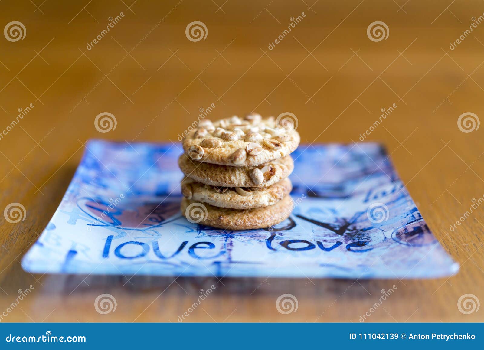 Cookies with Peanuts on a Blue Plate. Cookies Close-up. Stock Image ...