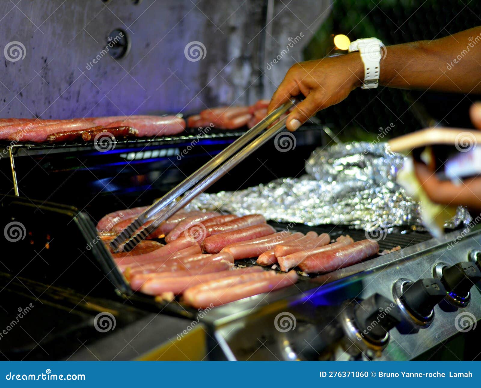 Cooking American Barbecue and Sausages at Night Stock Photo - Image of ...