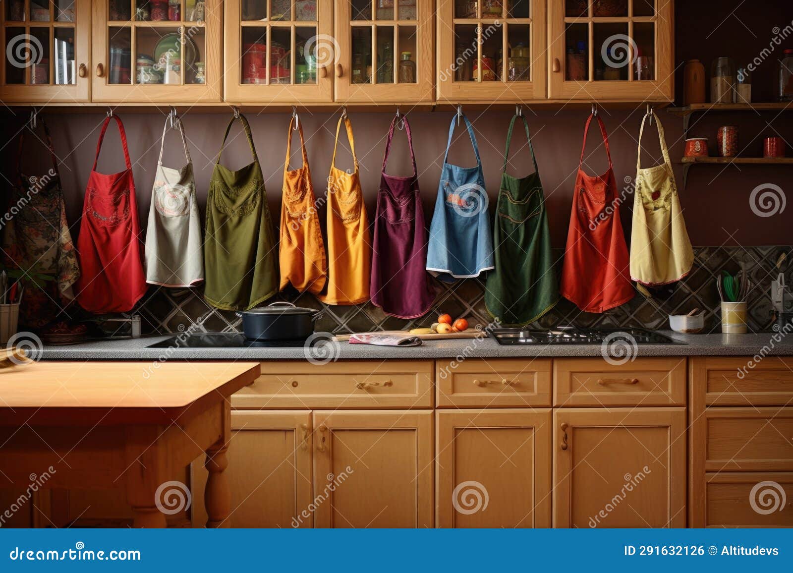Cooking Aprons Hanged in the Kitchen in Descending Order Stock Photo ...