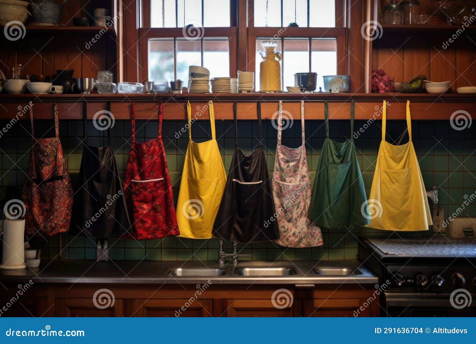 Cooking Aprons Hanged in the Kitchen in Descending Order Stock Photo ...