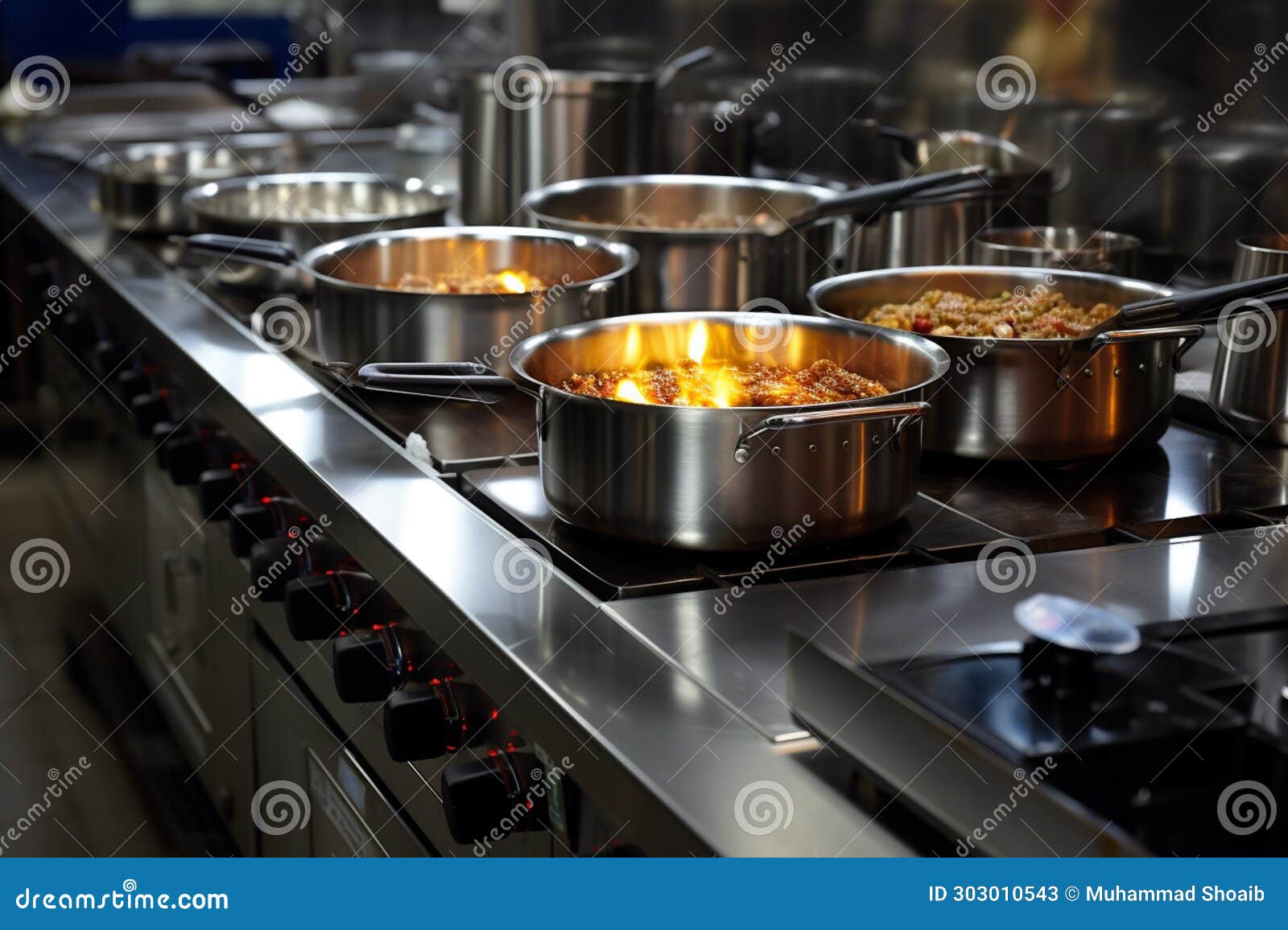 Cooking Array Stainless Steel Pots on Display Atop the Restaurant Stove ...