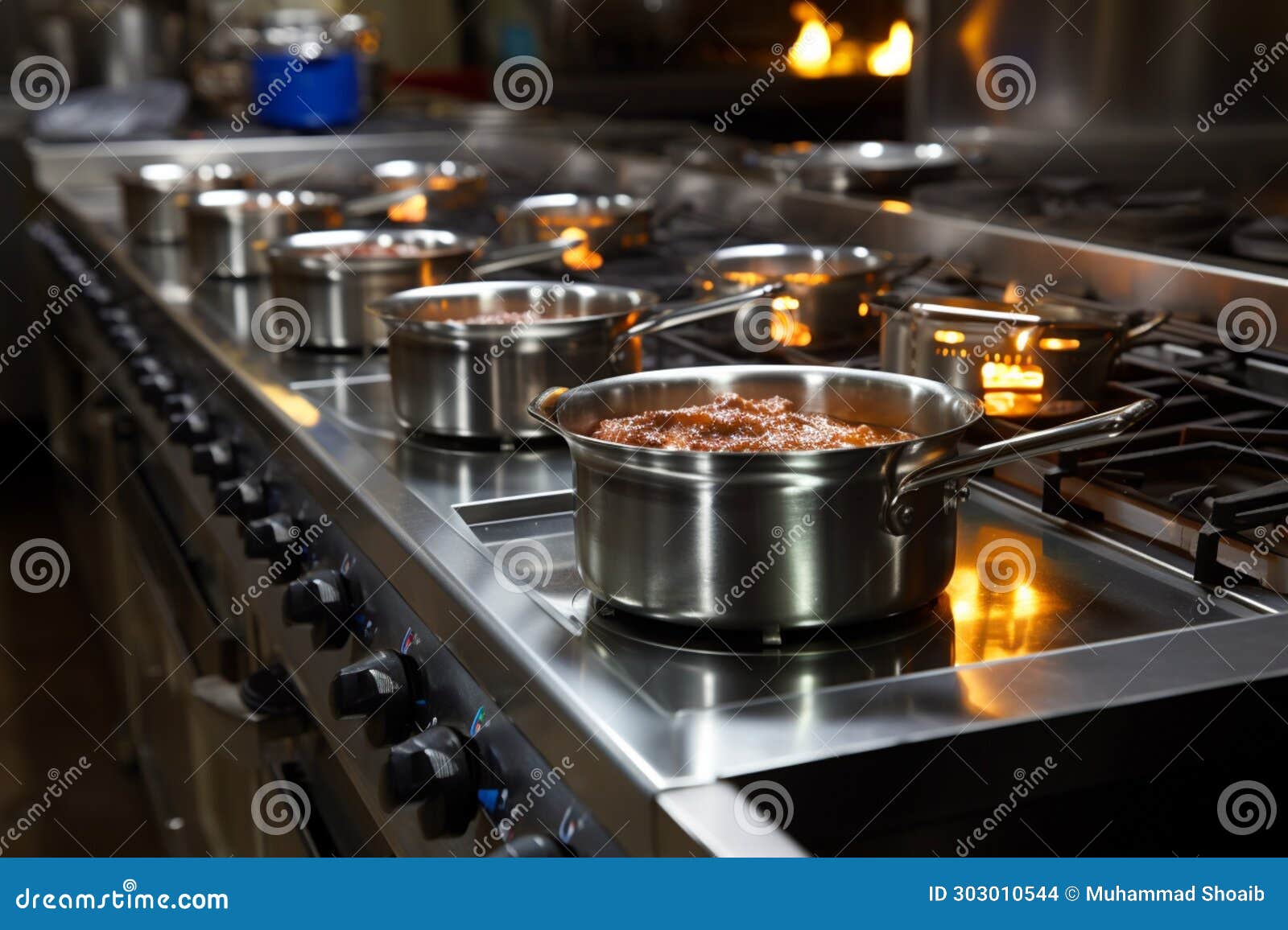 Cooking Array Stainless Steel Pots on Display Atop the Restaurant Stove ...