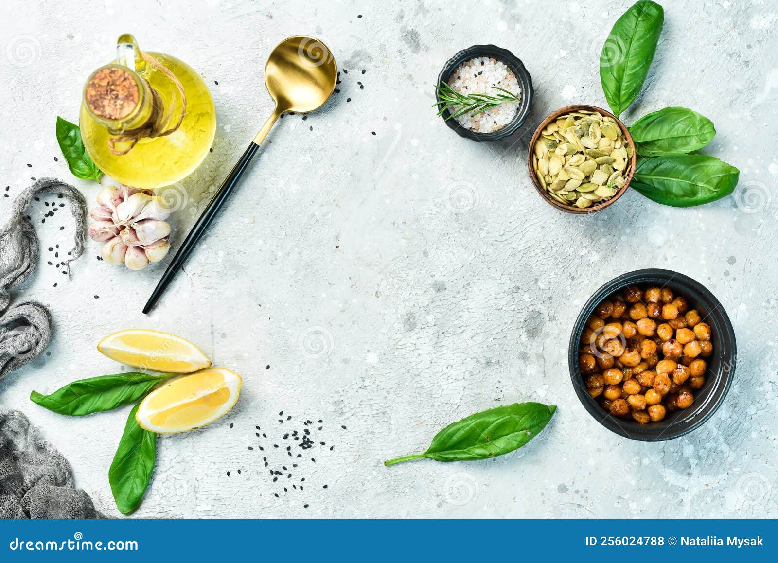 Cooking Background: Chickpeas, Spices, and Herbs. on a Concrete ...