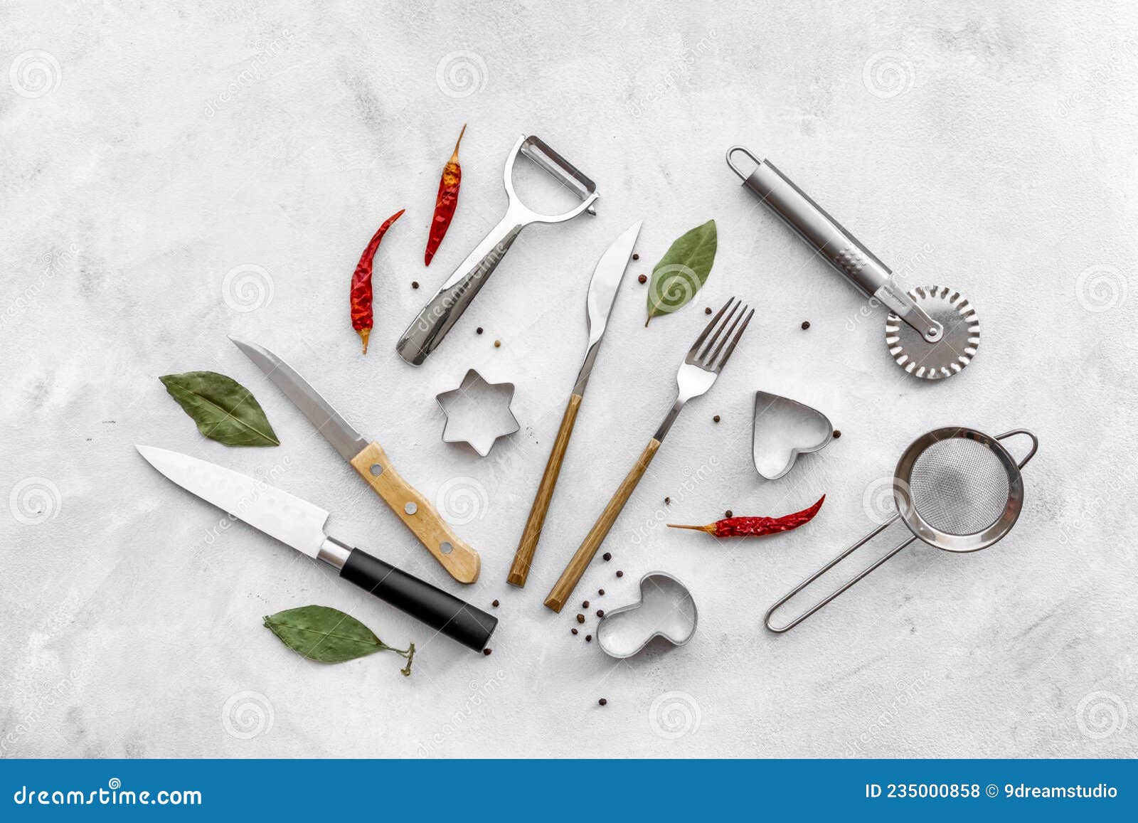 Cooking Background with Metal Kitchen Utensils and Cookware Stock Photo ...